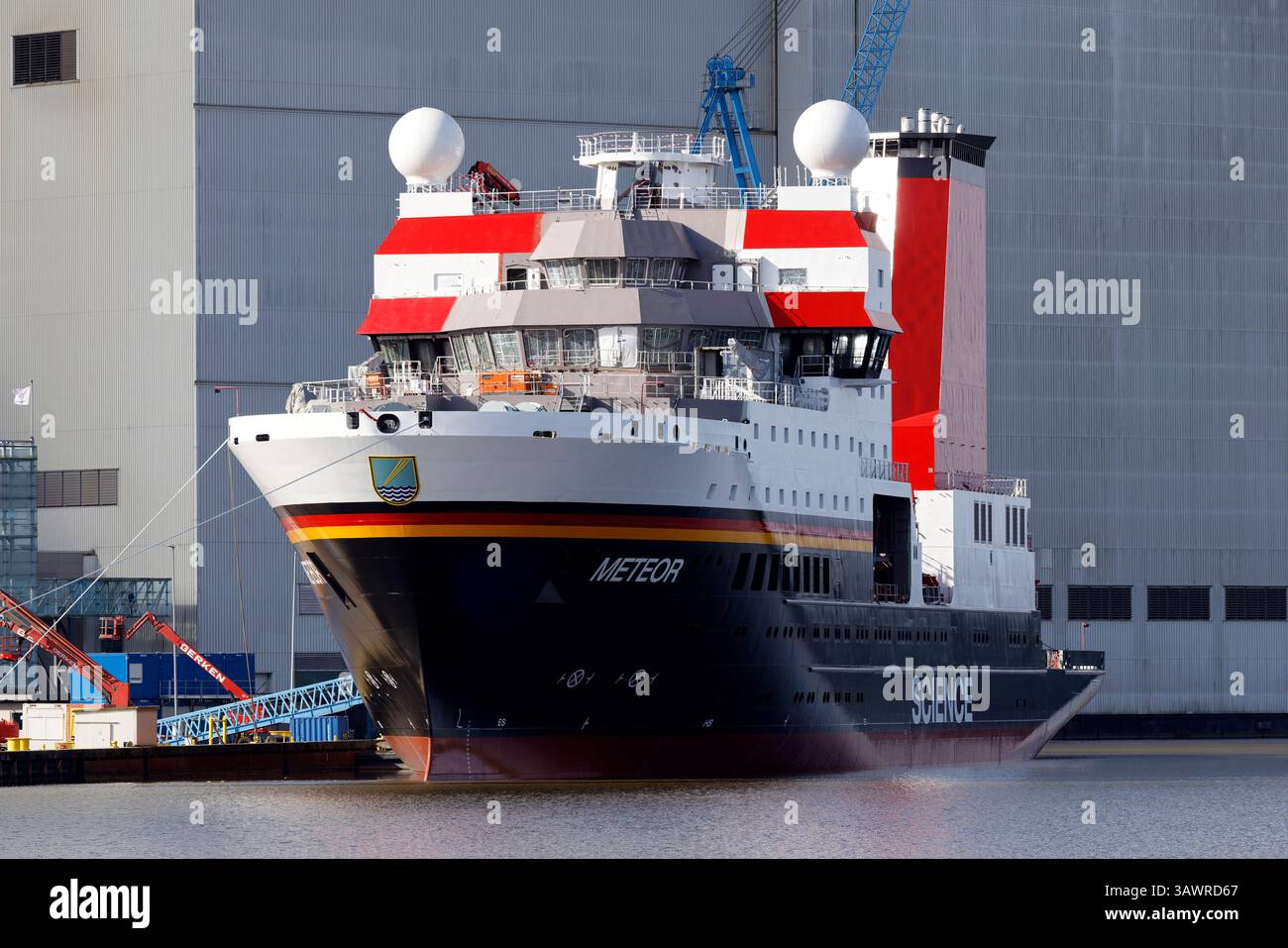 The new research vessel Meteor IV is moored at the Meyer Werft shipyard ...