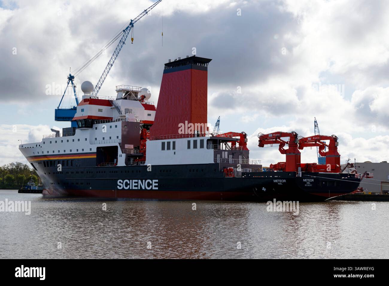 The new research vessel Meteor IV is moored at the Meyer Werft shipyard ...