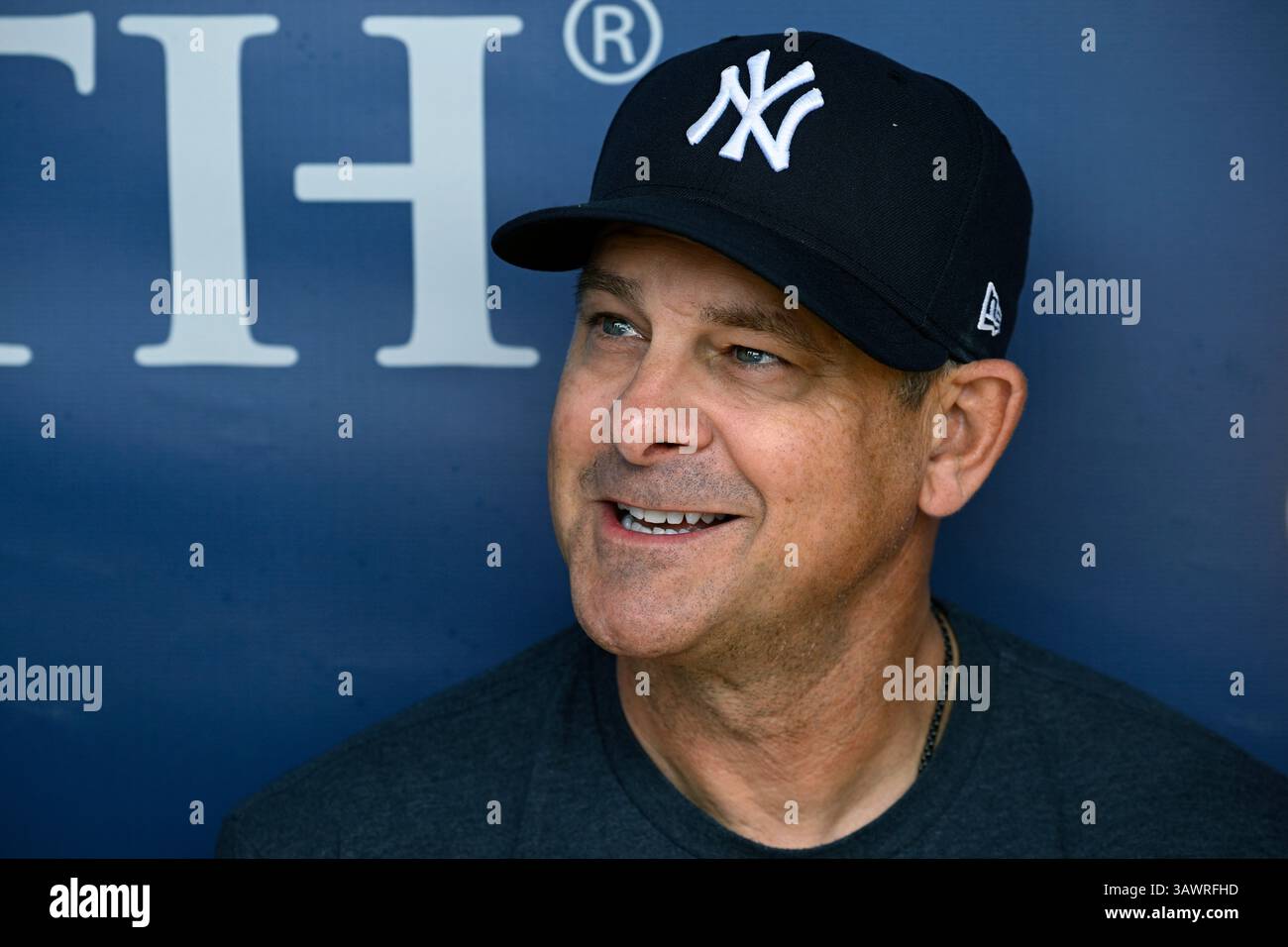 New York Yankees manager Aaron Boone talks with reporters before a ...