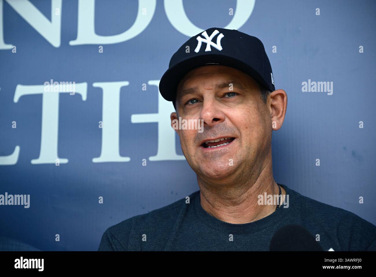 New York Yankees manager Aaron Boone talks with reporters before a ...