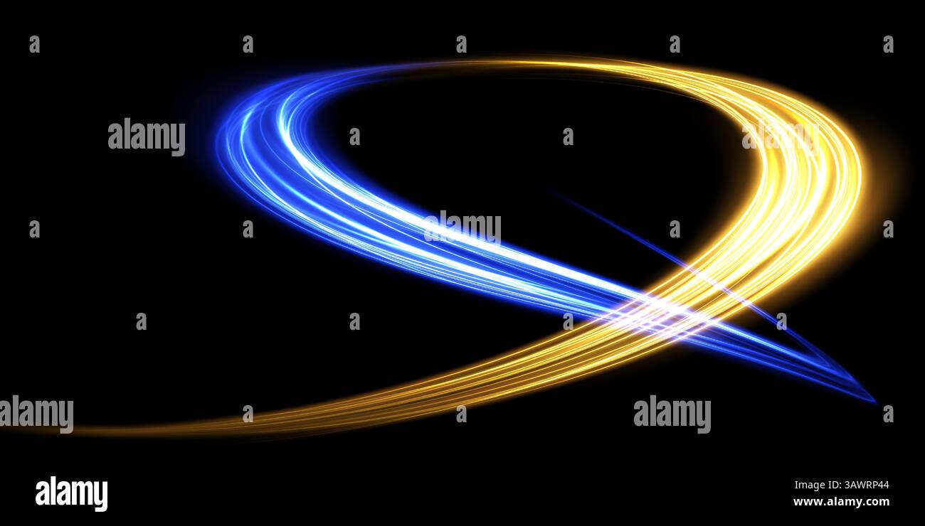 Abstract Light Trails in Vibrant Blue and Bright Yellow on a Striking Black Background for Eye ...