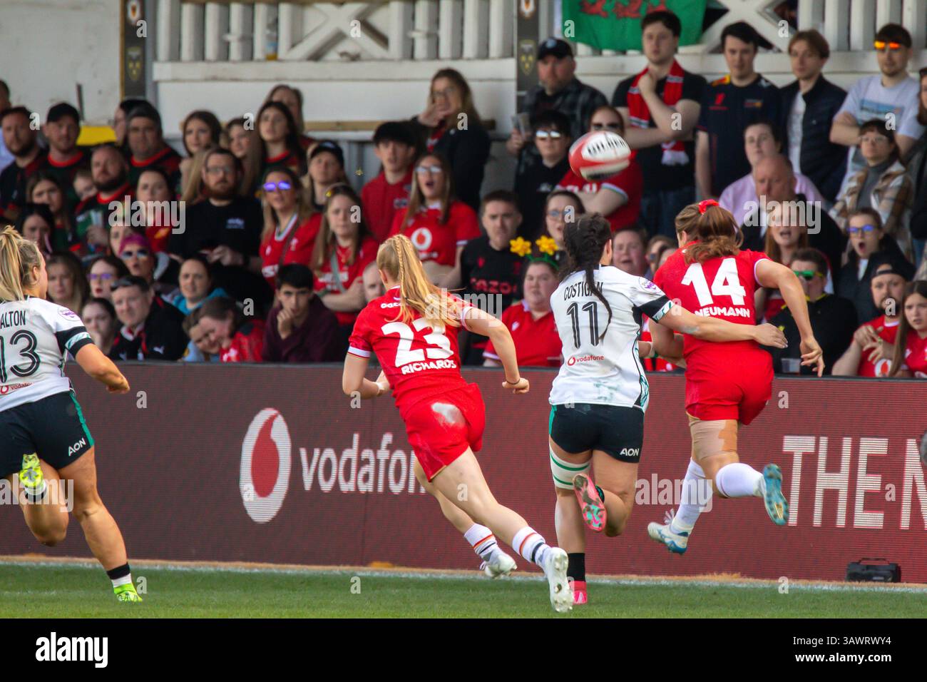 Newport, UK, 20th April 2025 Wales winger Lisa Neumann kicks down the ...