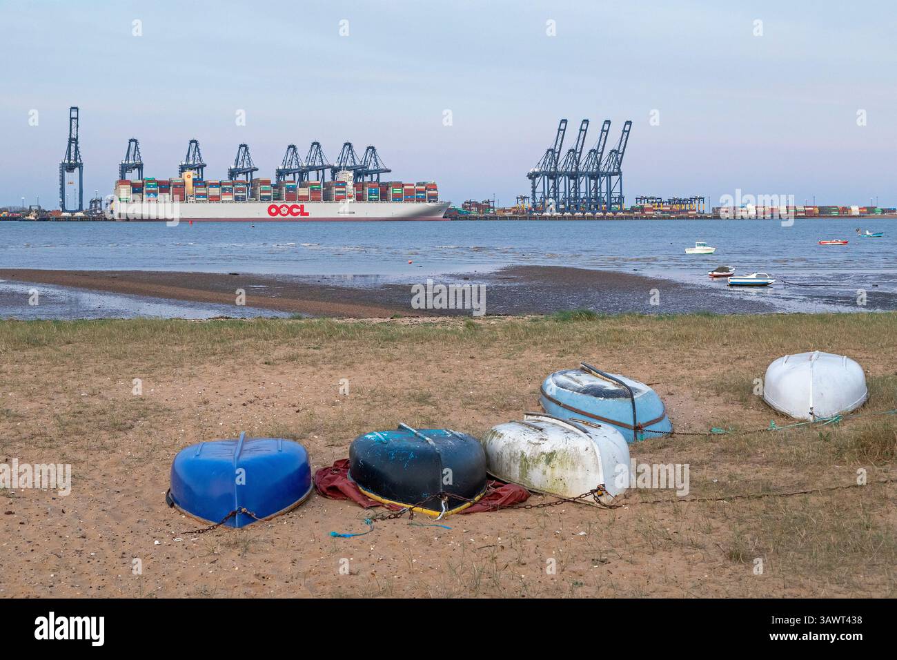 Container ship, portainers, boats, harbour, Harwich, Suffolk, England ...