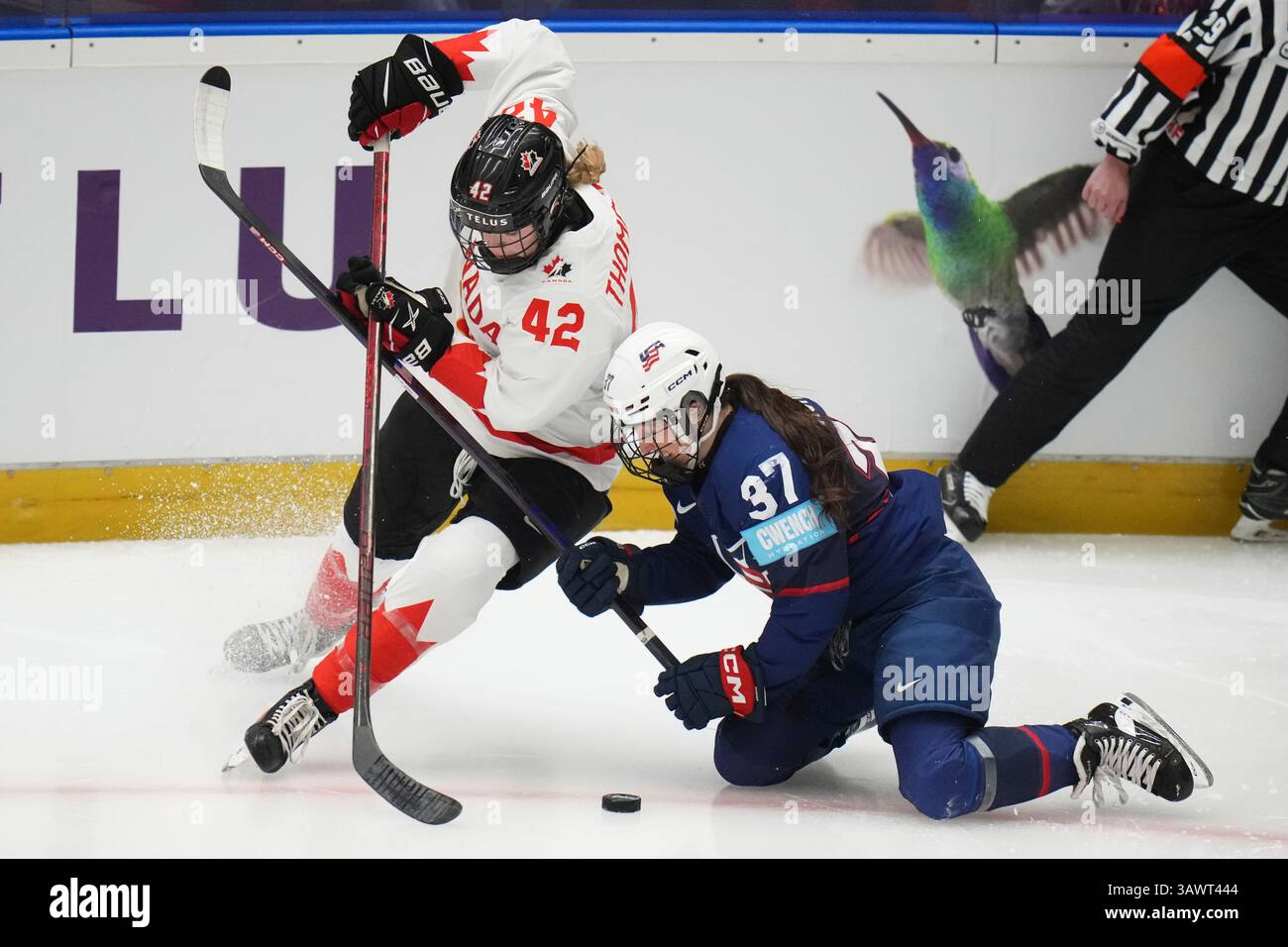 Canada's Claire Thompson, left, and United States' Abbey Murphy fight ...