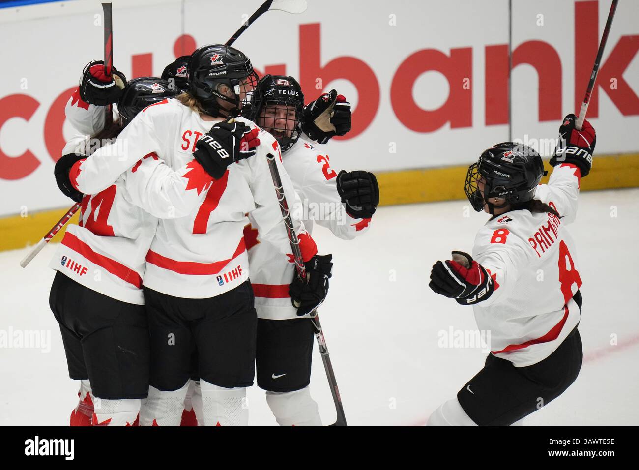 Canada's Kristin O'Neill and Danielle Serdachny celebrate a goal during ...