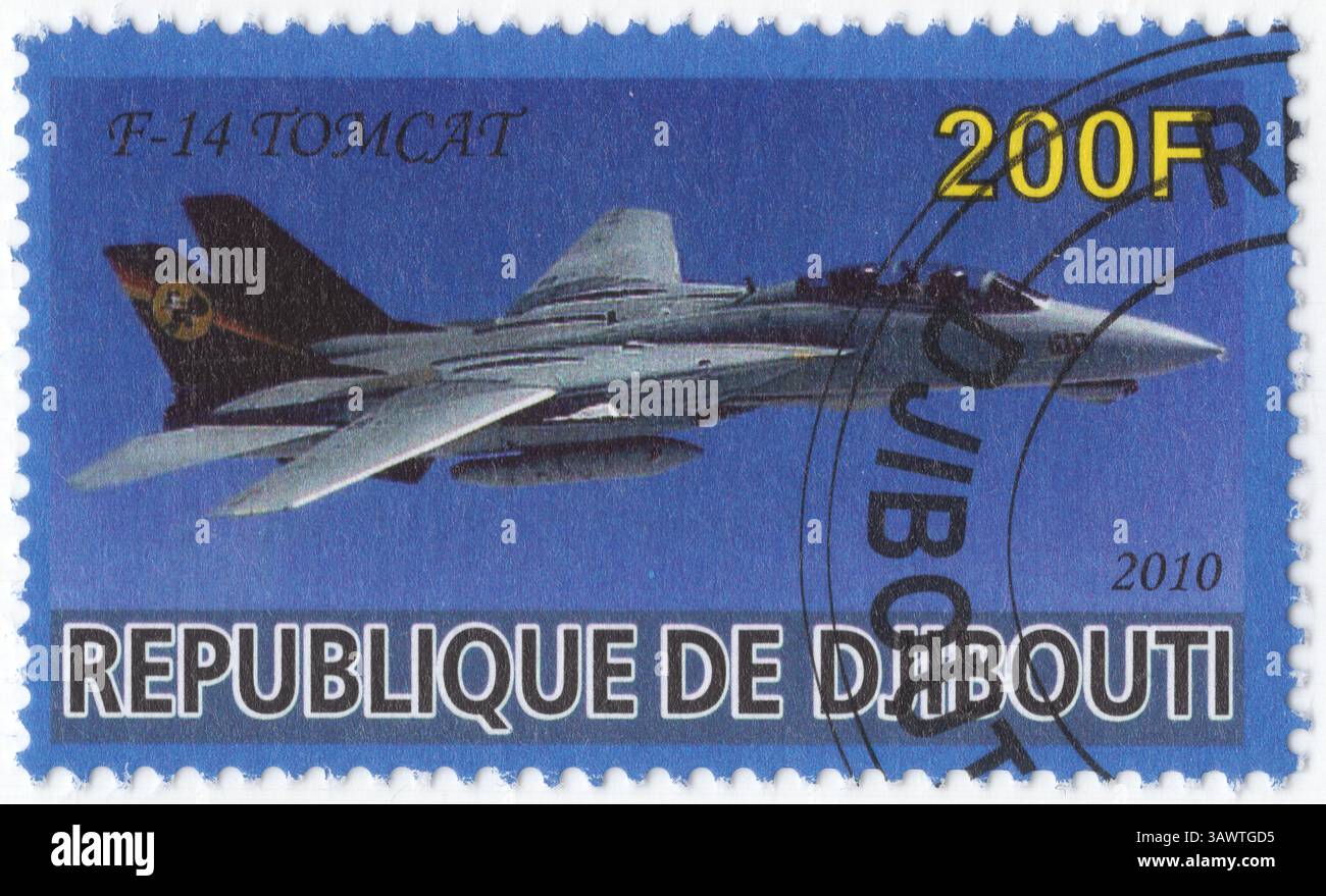 DJIBOUTI — 2010: 200 franc illegal stamp depicting Grumman F-14 Tomcat ...