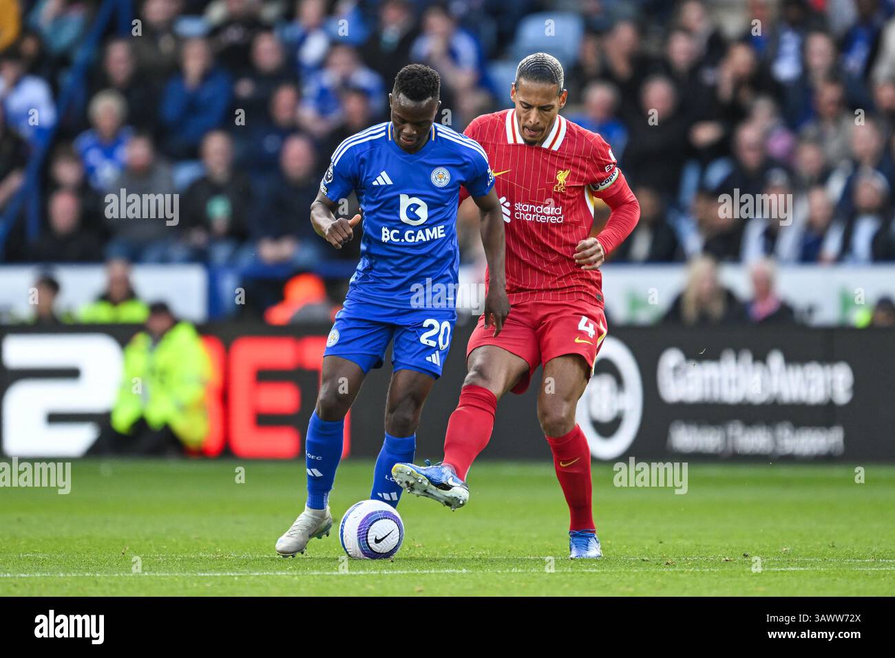 Leicester, UK. 20th Apr, 2025. Patson Daka of Leicester City is tackled ...