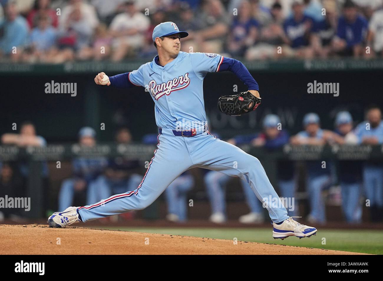 Texas Rangers starting pitcher Tyler Mahle throws to the Los Angeles ...