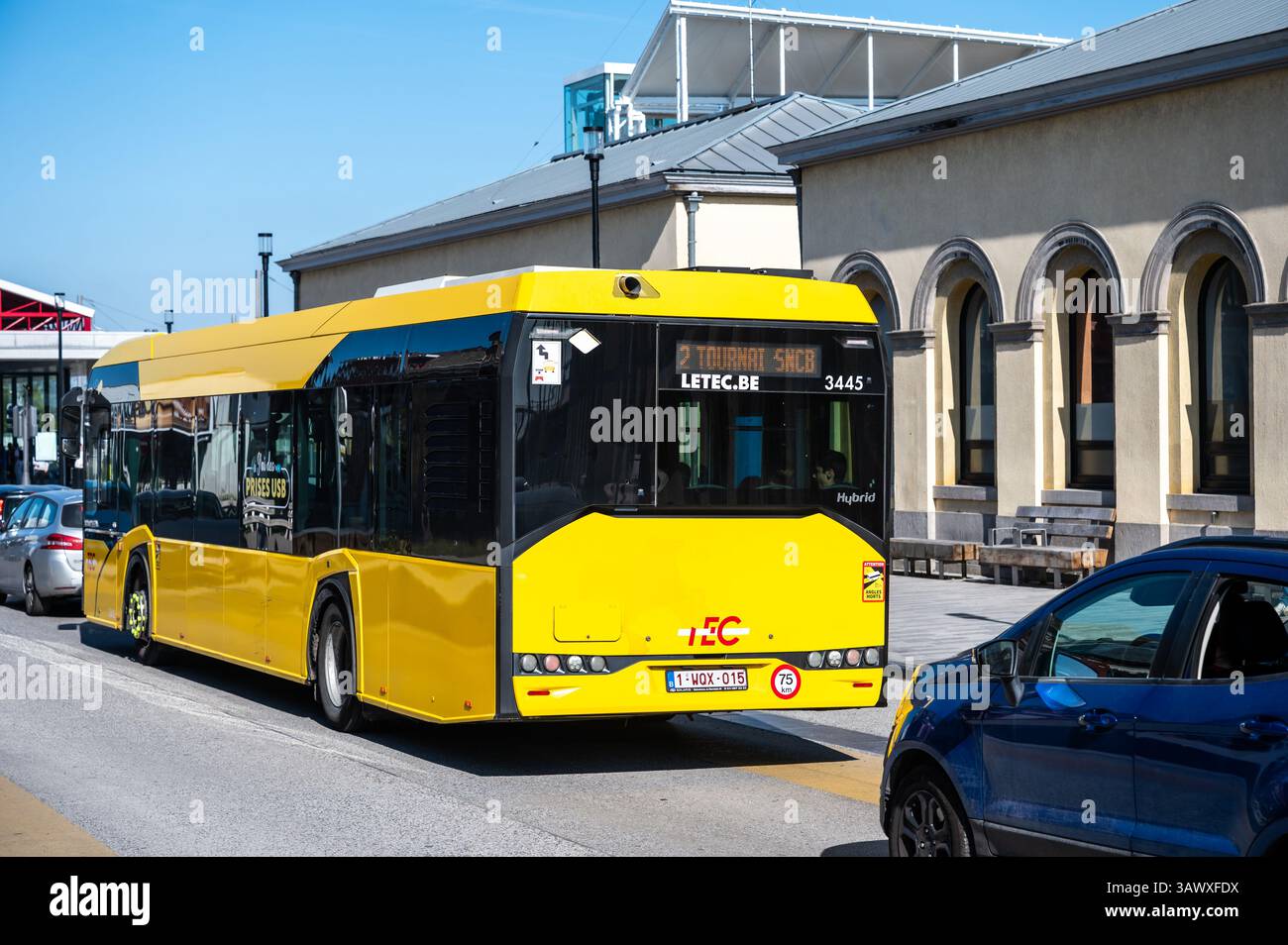 Yellow TEC bus at the railway station of Mouscron, Hainaut, Belgium, 10 ...