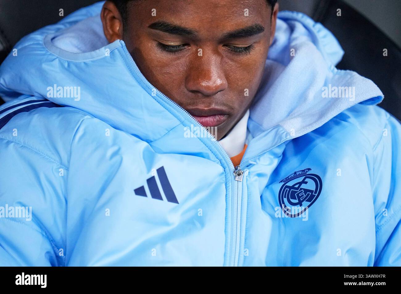 Real Madrid's Endrick sits on the bench prior to the Spanish La Liga ...
