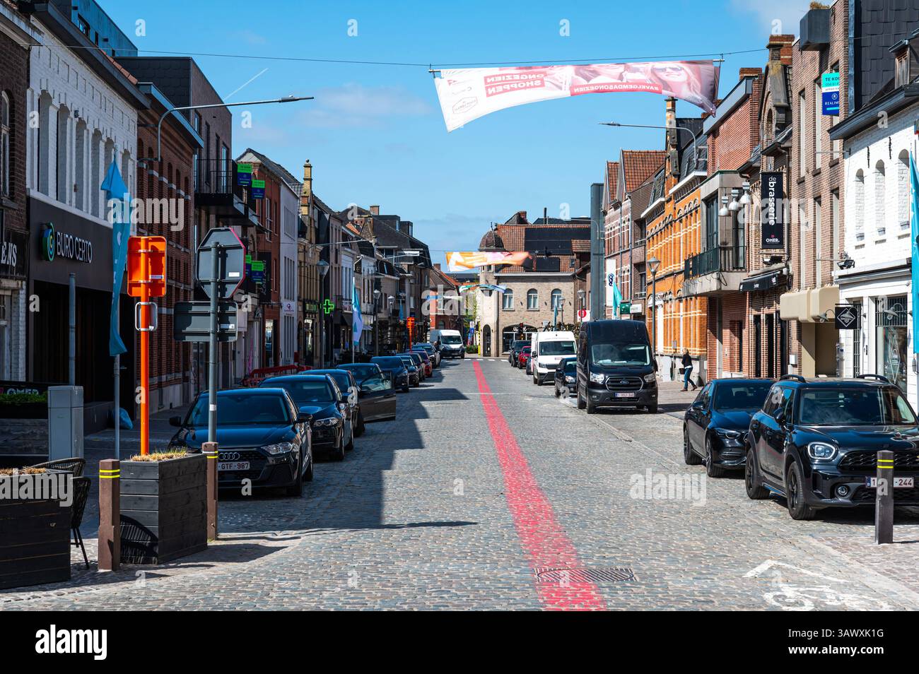 Kerkstraat, a commercial street in the village center of Avelgem, West ...