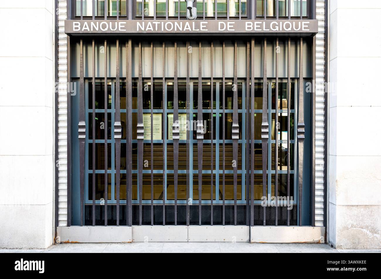 The National Bank of Belgium NBB or BNB. Decorated metal fence in art ...
