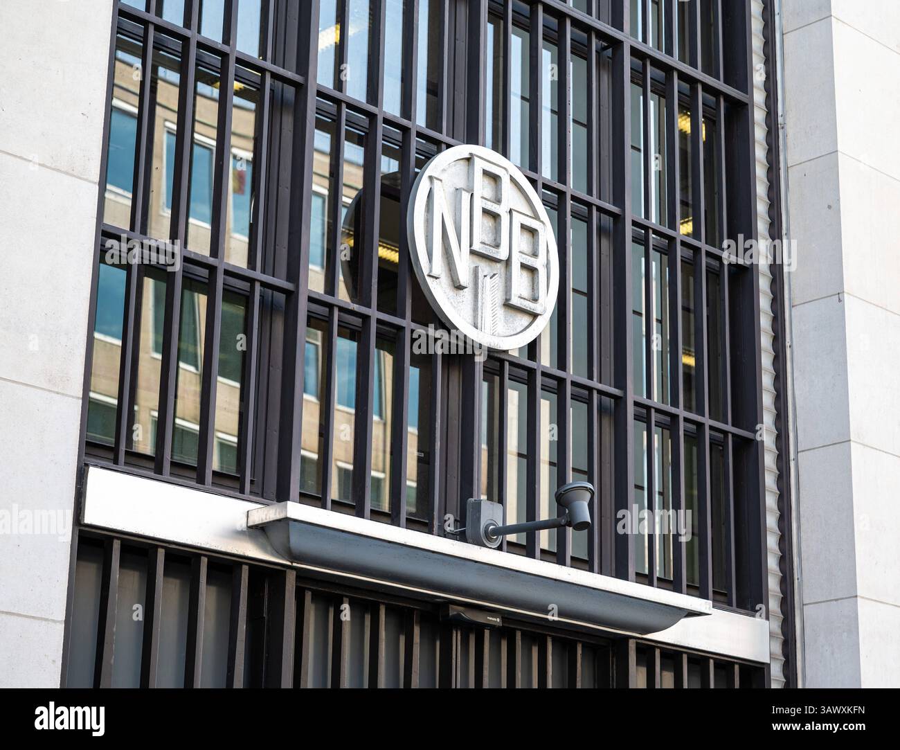 The National Bank of Belgium NBB or BNB. Decorated metal fence in art ...