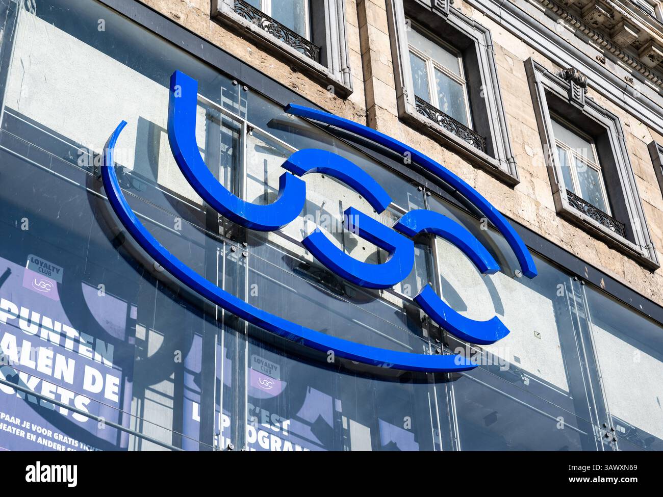 Neon light sign of the UGC De Brouckere,movie theater, Ixelles ...