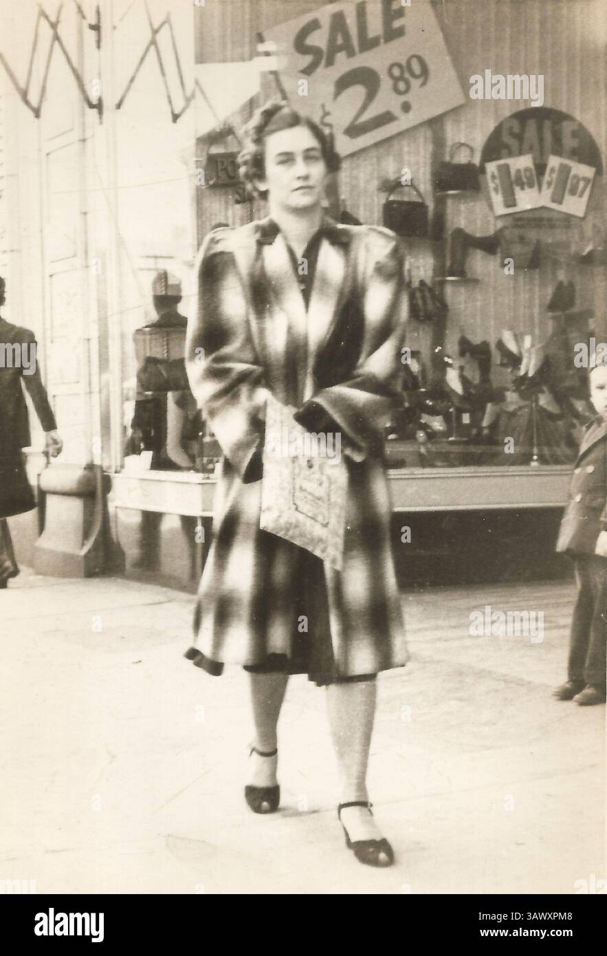 1940s Street Scene Postcard, Department Store window in background with ...