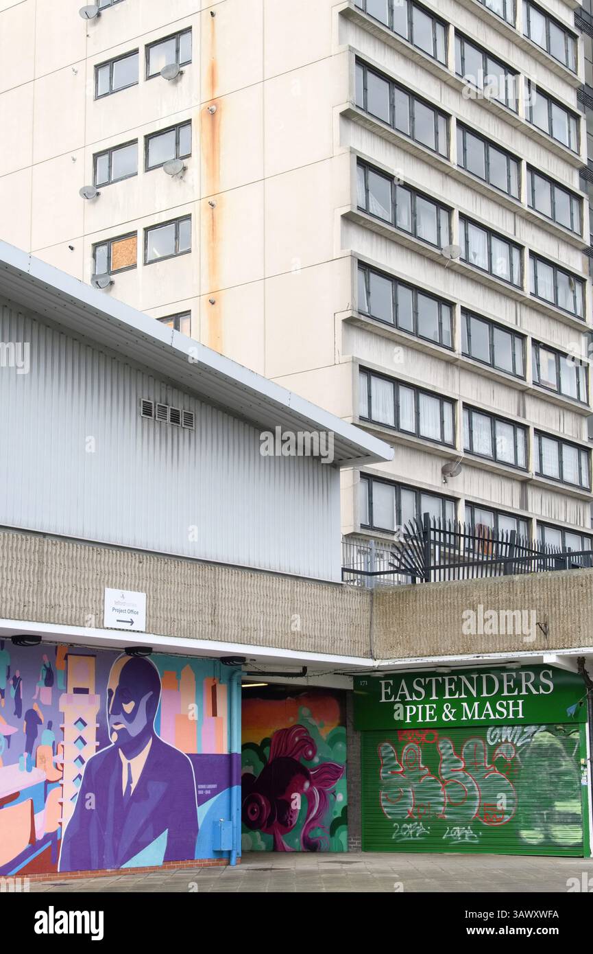 Eastenders Pie and Mash cafe and George Lansbury mural in East India ...