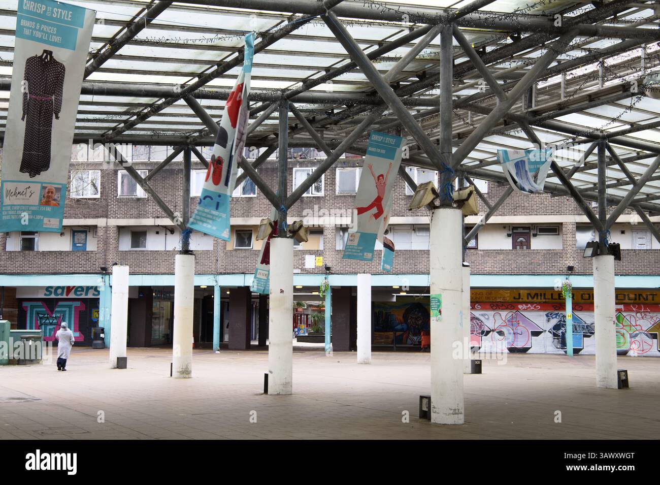 The covered market place with one person in a deserted and empty Chrisp ...