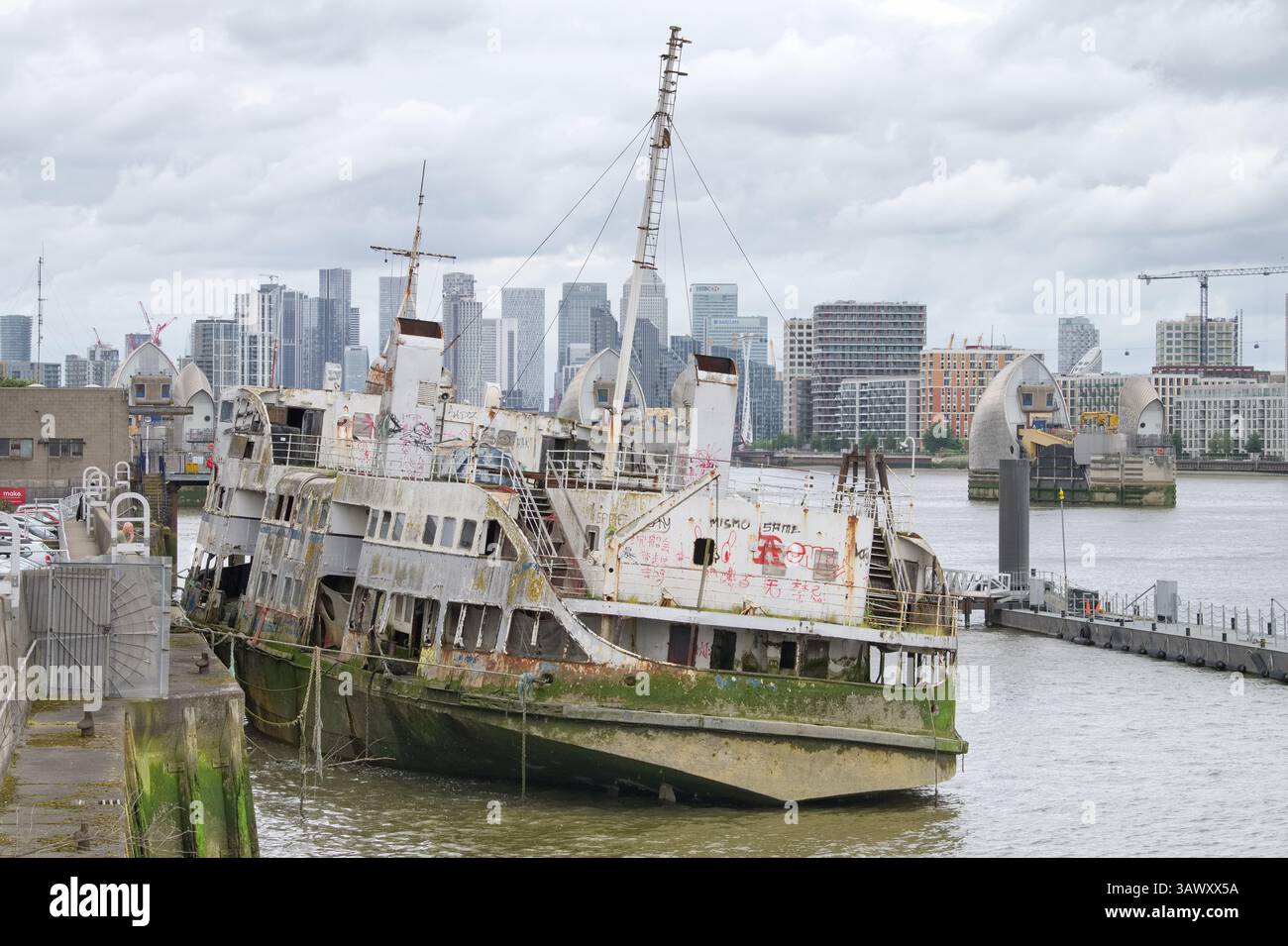 The wreck of the Royal Iris boat, a former Mersey Ferry, on the River Thames in Charlton London ...