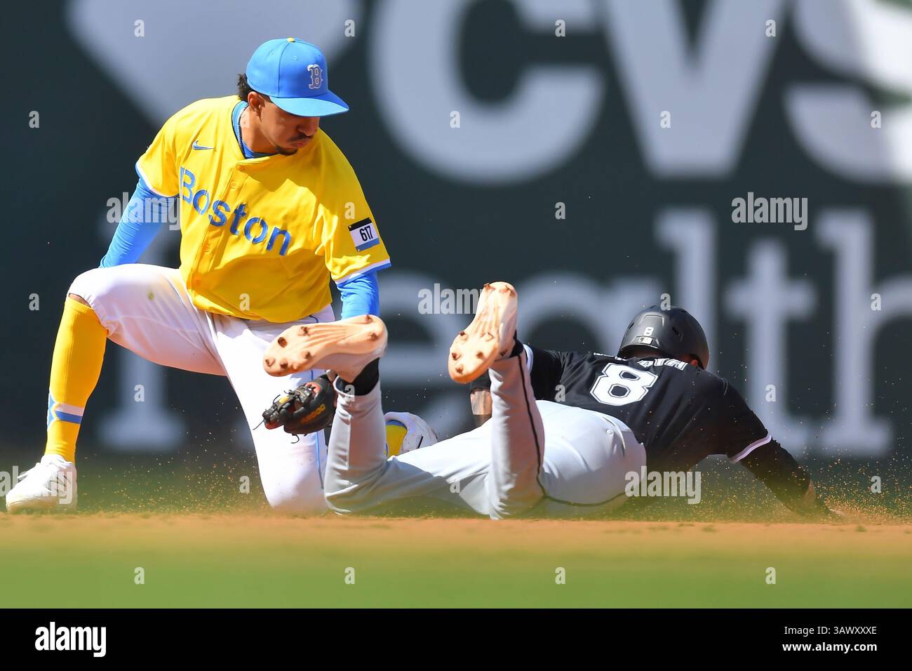 Chicago White Sox's Jacob Amaya, right, steals second base as Boston ...