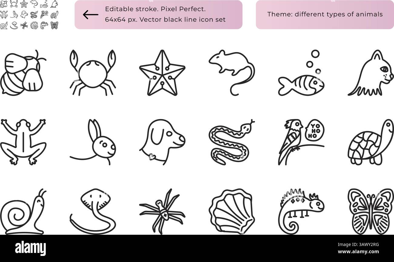 Different types of animals, pets. Black line icon set, vector ...