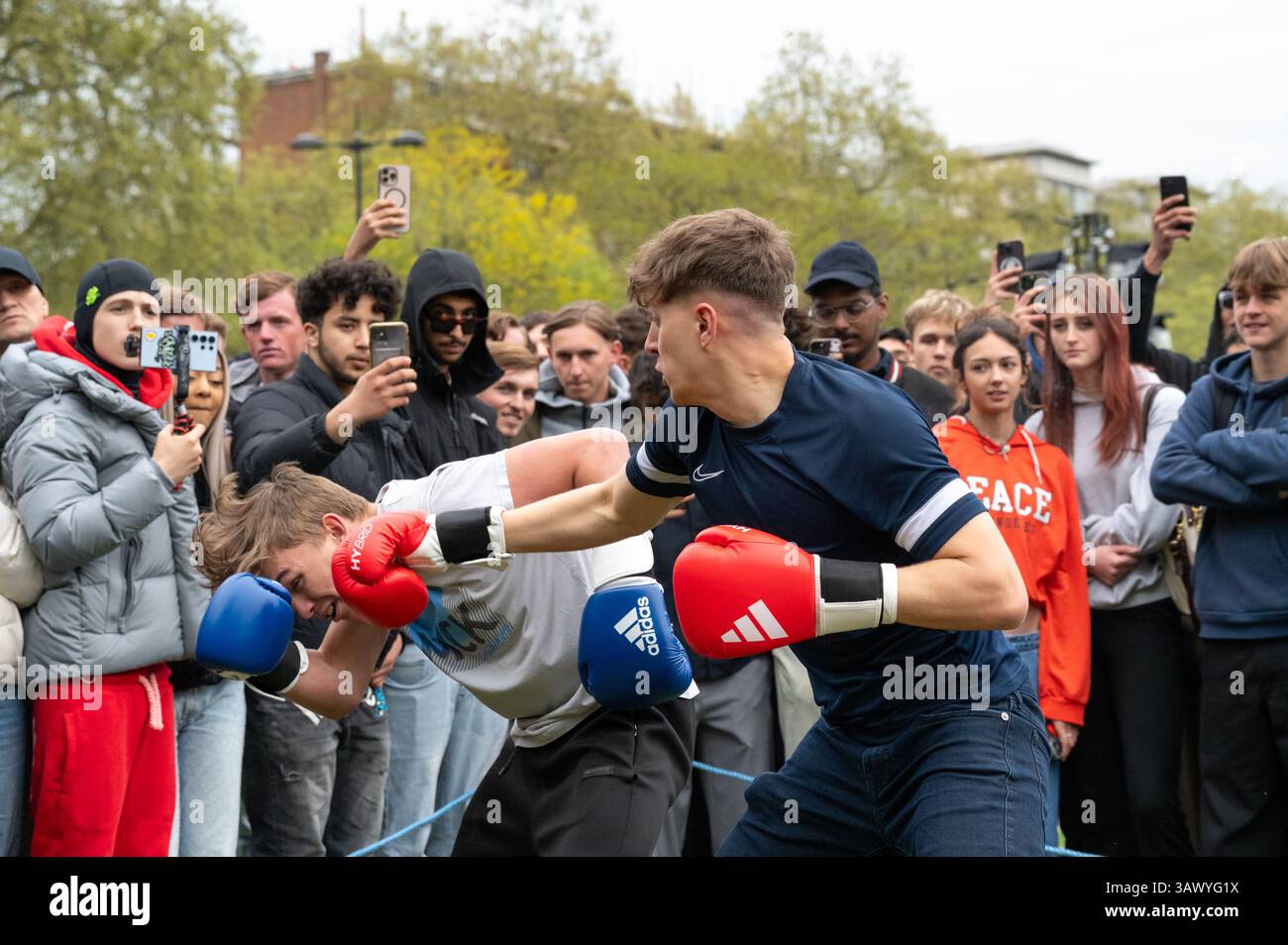 London, UK. 20 April 2025. Public boxing fight was organized by ...