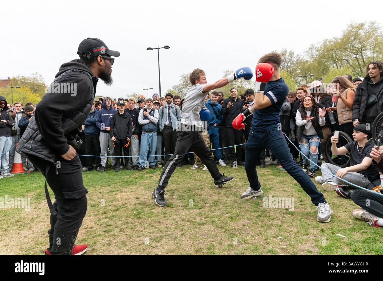 London, UK. 20 April 2025. Public boxing fight was organized by ...