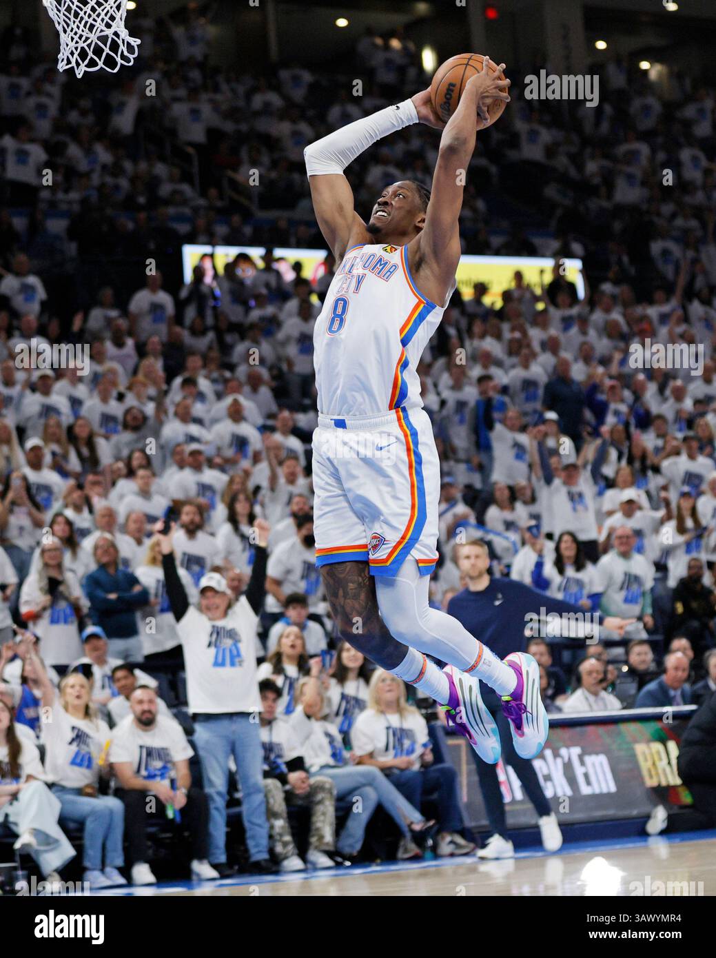 Oklahoma City Thunder forward Jalen Williams goes up for a dunk during the first half in Game 1 ...