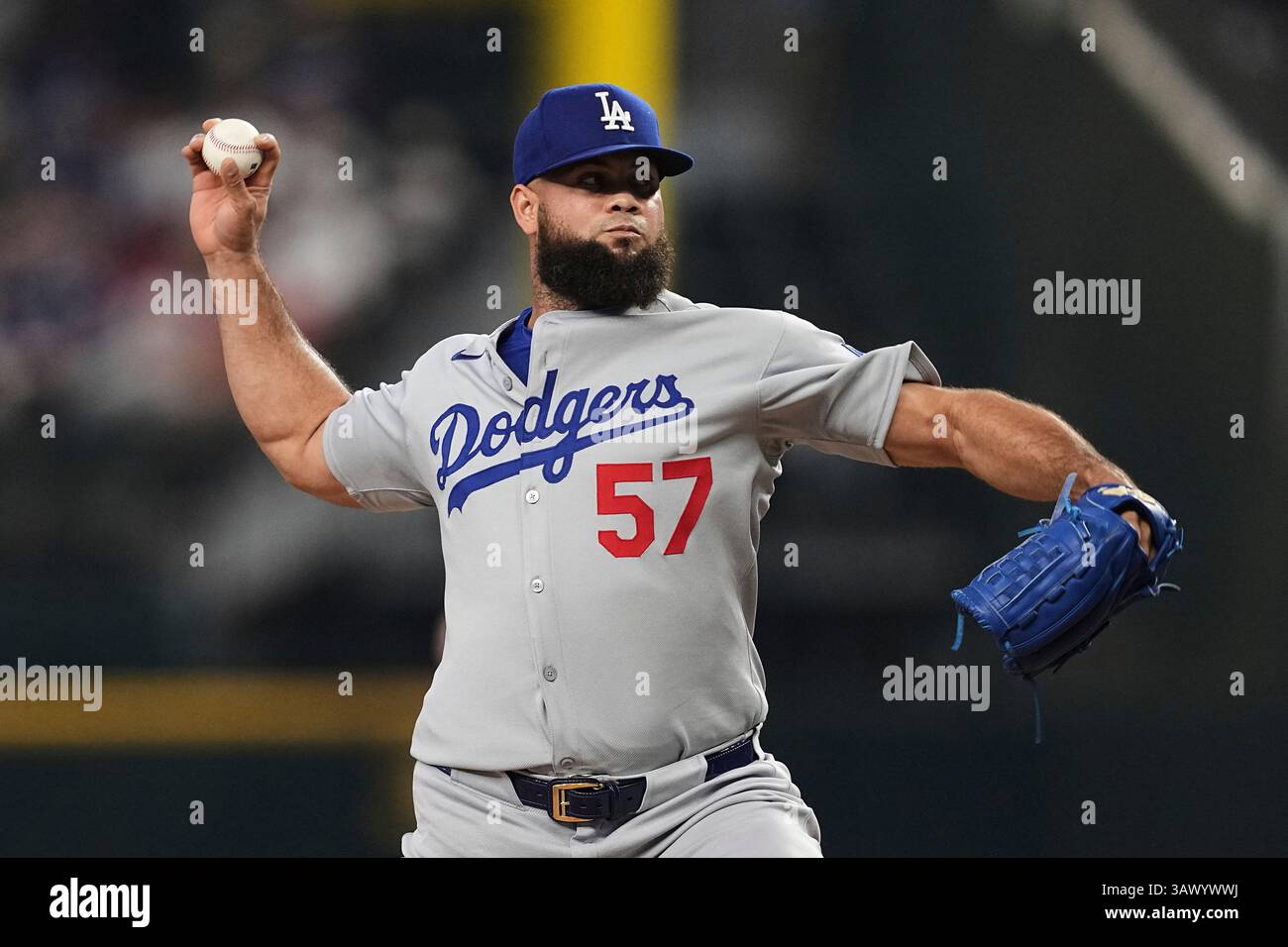 Los Angeles Dodgers relief pitcher Luis Garcia throws to the Texas ...