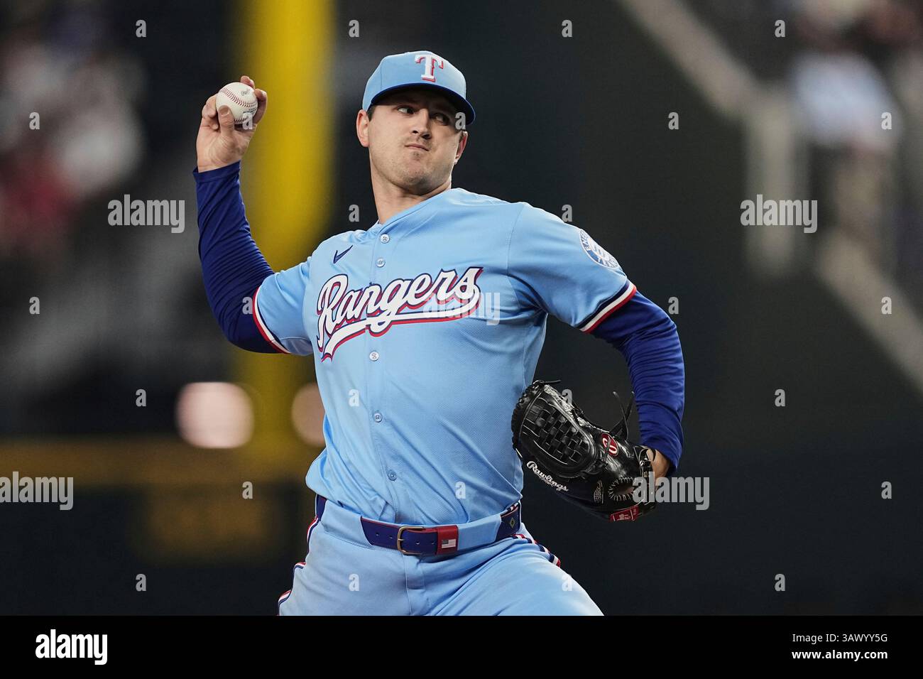 Texas Rangers starting pitcher Tyler Mahle throws to the Los Angeles ...