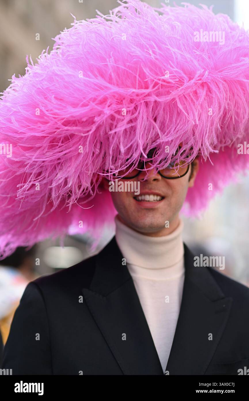 New York, USA. 20th Apr, 2025. Edward Barnes wears a self-made hat and ...