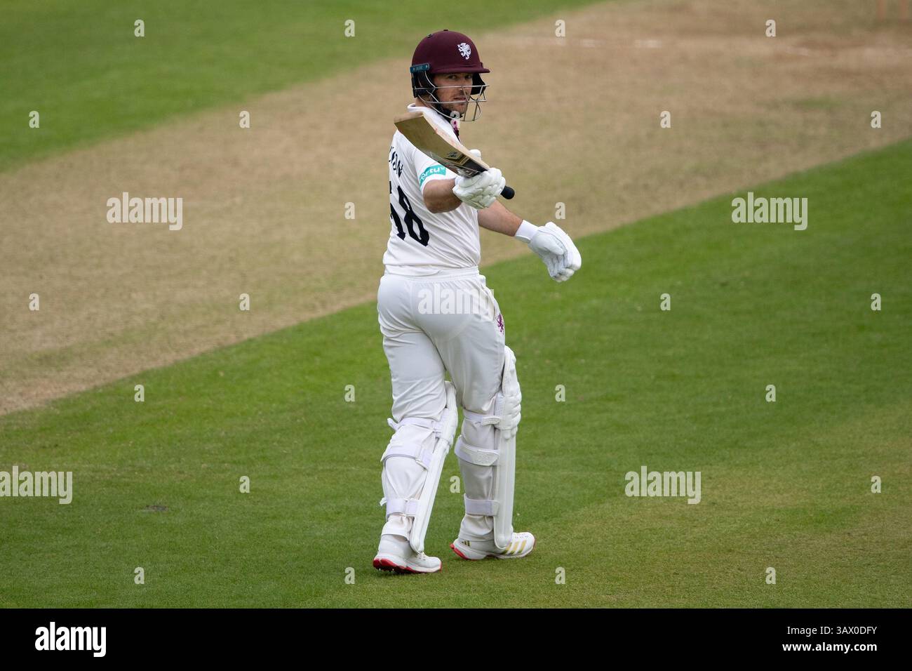 Southampton, UK, 20 April 2025. Sean Dickson of Somerset raises his bat ...