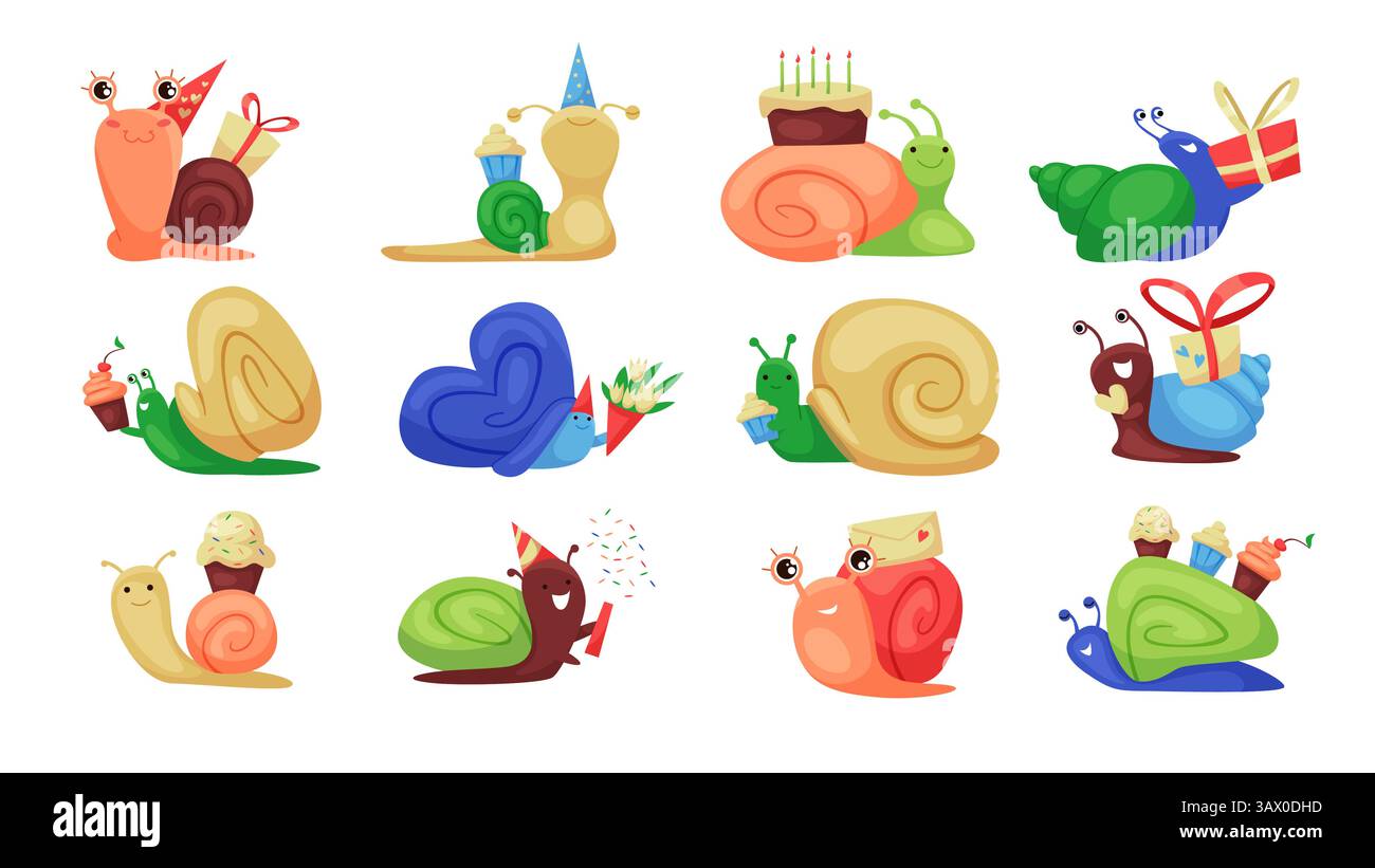Cute snails give gifts for birthday party set. Funny slugs with shells ...
