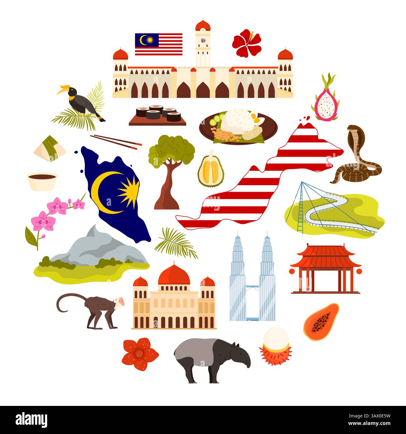 Malaysian culture elements and landmarks, flag and map of Malaysia ...