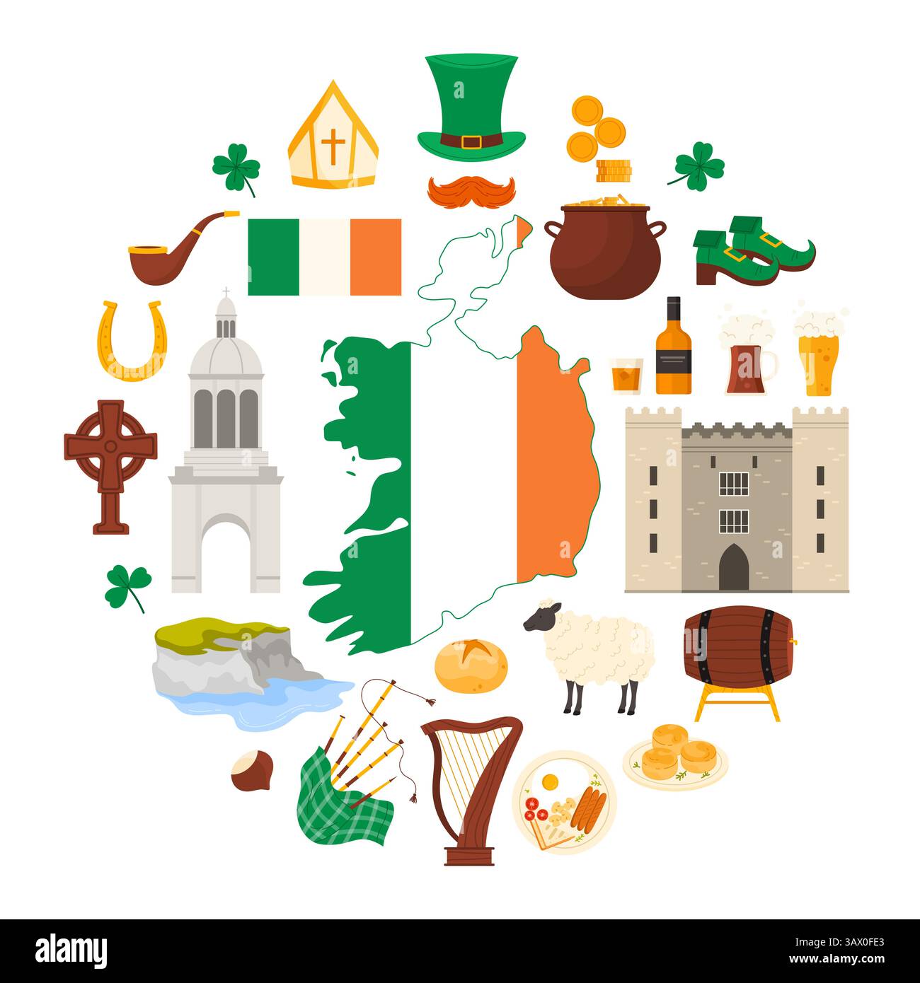 Irish holiday elements and flag, Cliffs of Moher landscape and whiskey ...