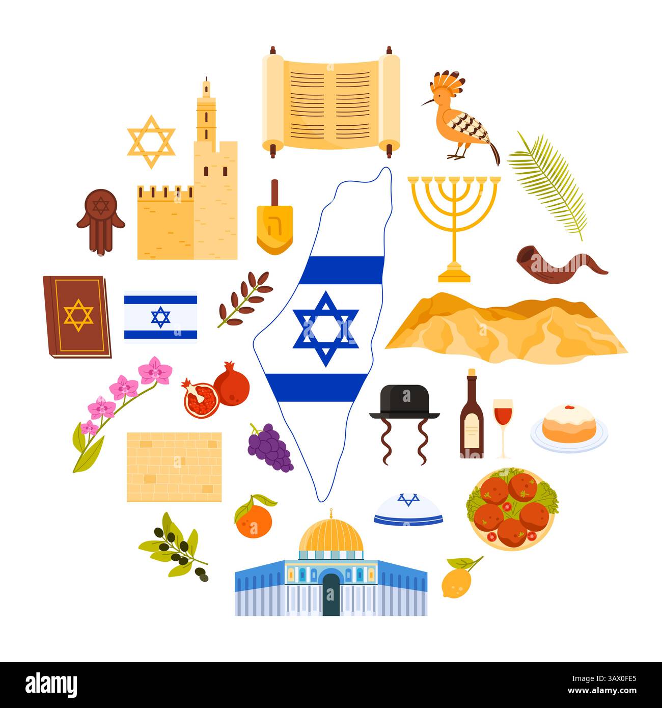 Torah and hamsa, dreidel and falafel, shofar cartoon vector ...