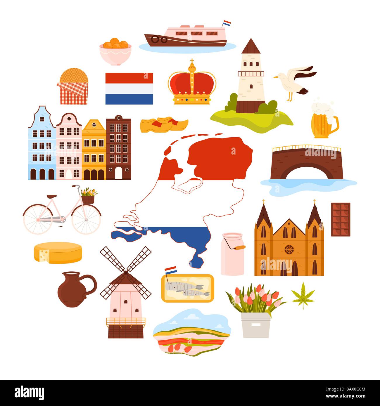 Tulips and bike, wind mill and cheese, clogs in circle cartoon vector ...