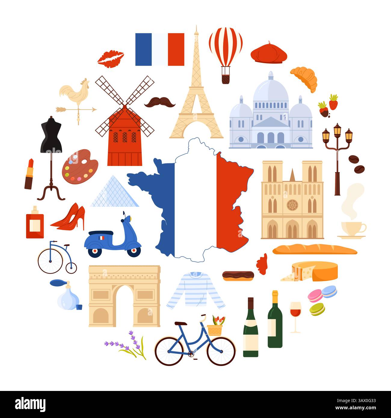 Eiffel Tower and beret of Frenchman, croissant and cheese, scooter ...