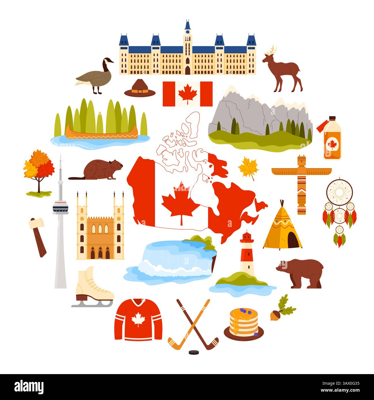 Canada text and culture stickers, elements of landscape and city ...
