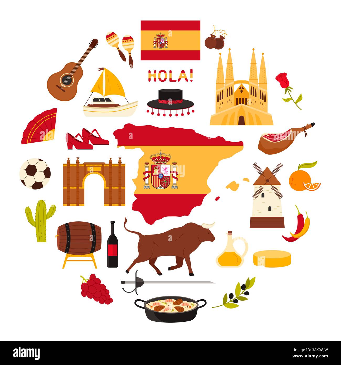 Flamenco dancer shoes and fan, bull and bullfighter hat, soccer ball ...