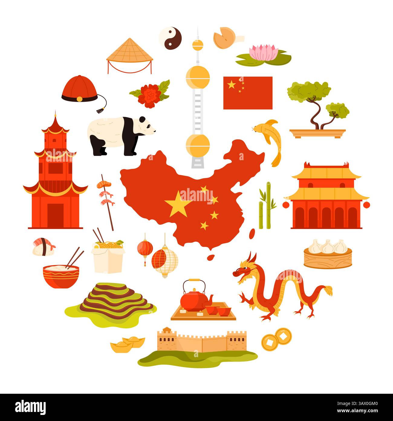 Ancient temple and dragon, panda and tea ceremony in circle cartoon ...