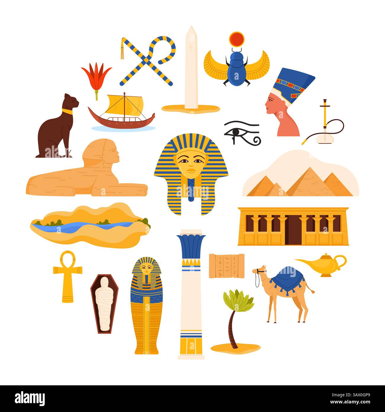 Eye of Horus and Bastet cat, Nile River landscape and Pyramids of Giza ...