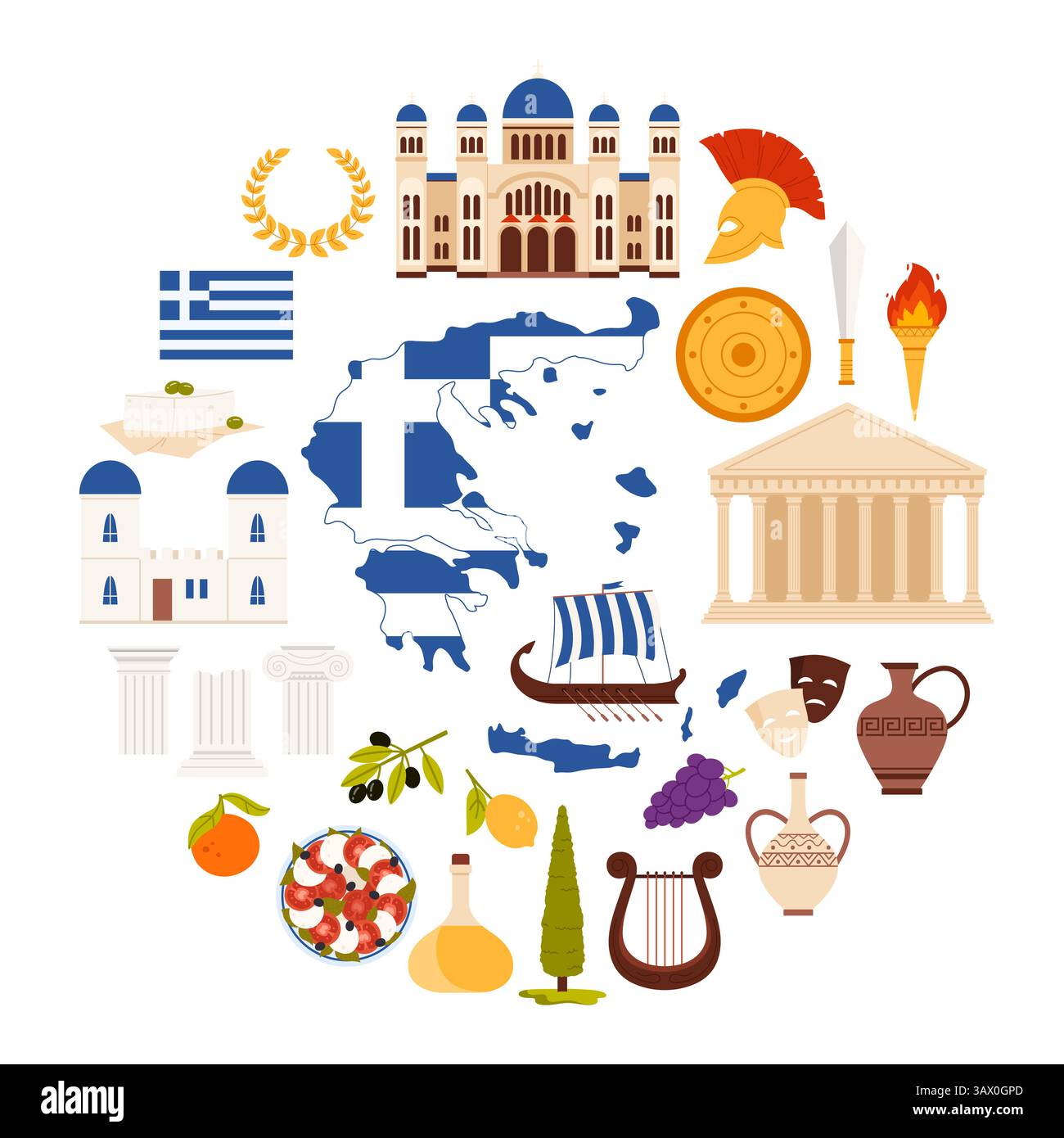 Country flag and ancient Greeks decoration, old ruins and temples, famous food cartoon vector ...