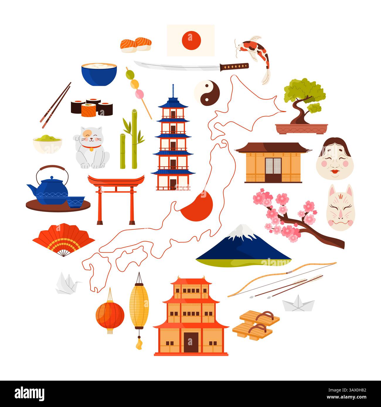 Map and flag of country, Maneki Neko lucky cat and sakura, tea ceremony ...