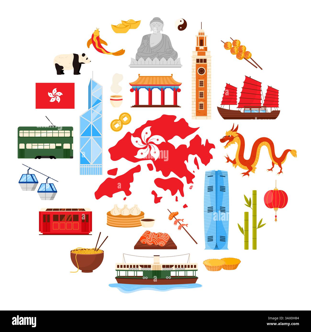 Hong Kong culture elements and landmarks, flag and map, food menu in ...