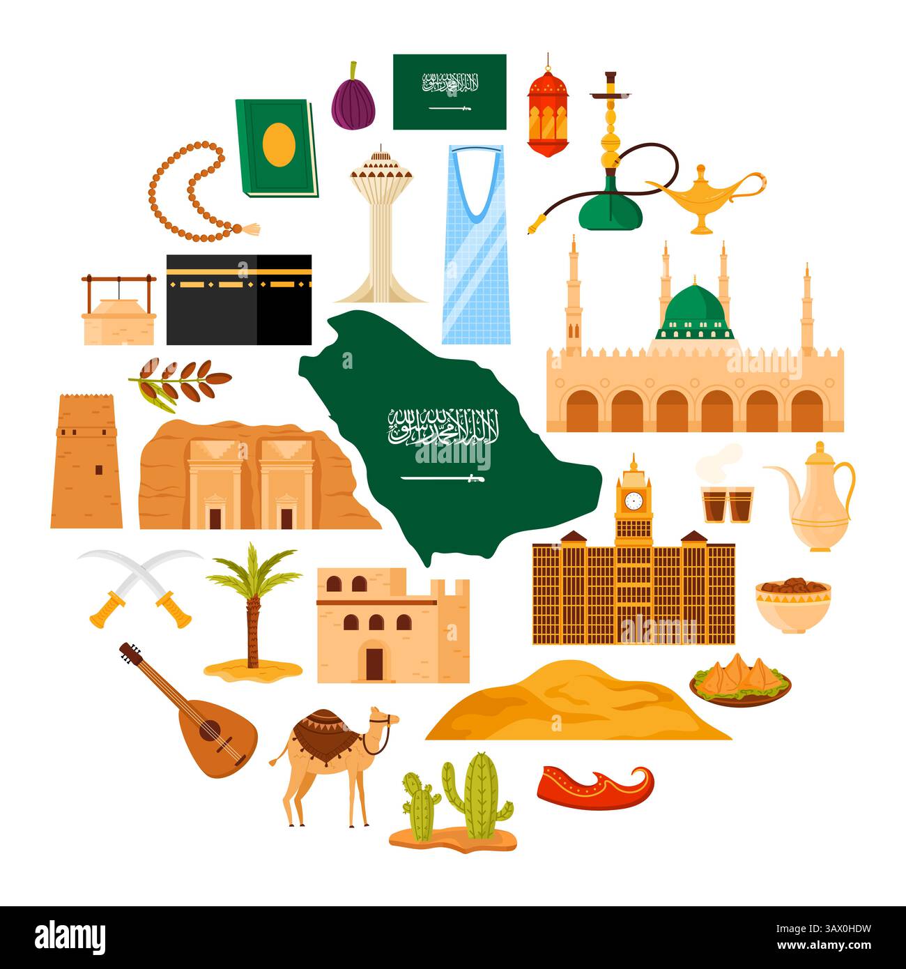 Traditional old building and oud guitar, hookah in circle cartoon ...