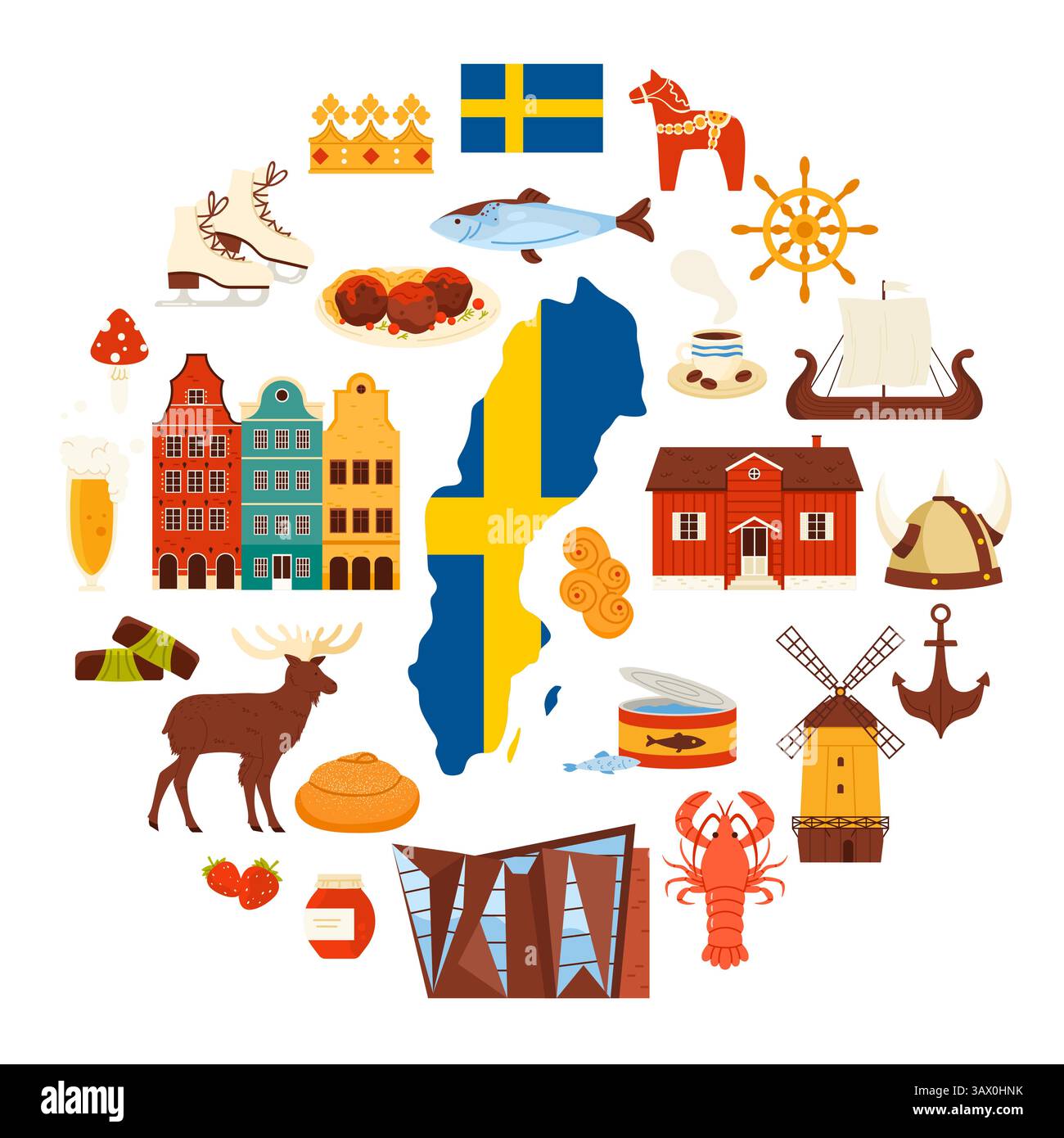 Historical buildings, viking ships wheel and jam, kottbullar in circle ...