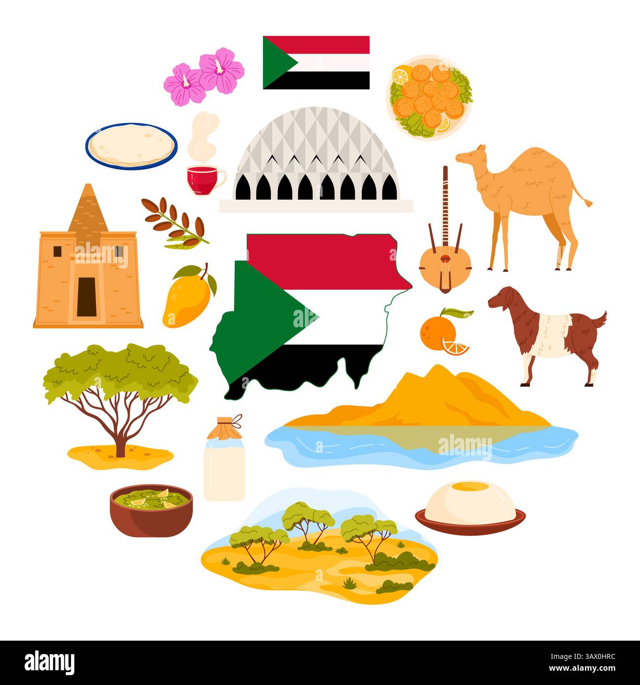 Mosque of two Niles, acacia and hibiscus, kisra, falafel cartoon vector ...