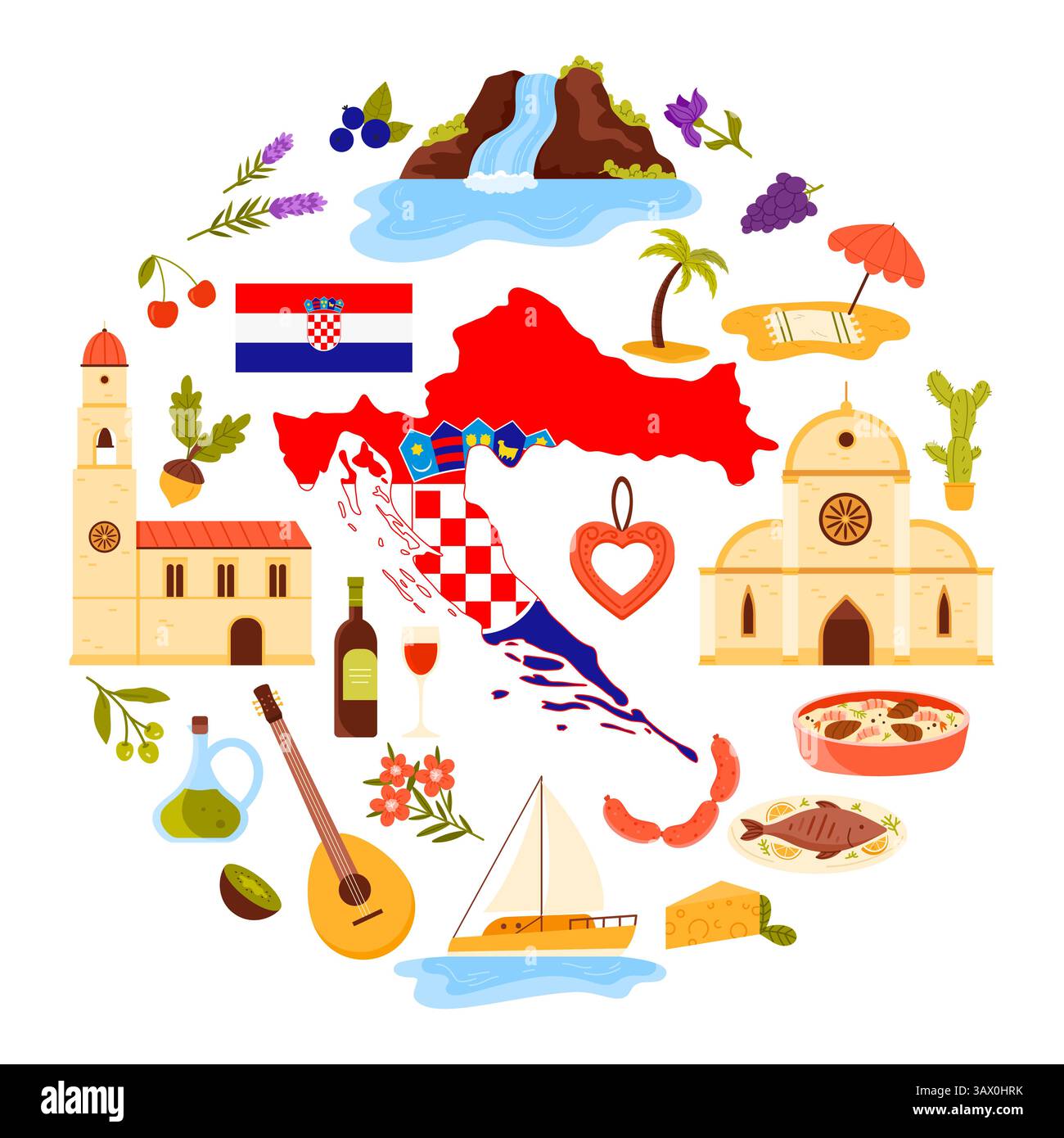 Flag and map of country, beach paradise cartoon vector illustration ...