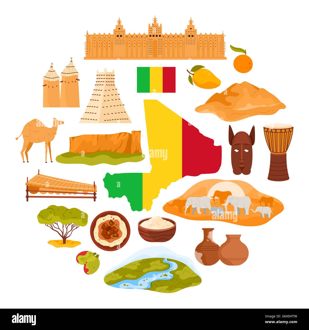 Niger River and Sahara desert, clay pots and huts, djembe cartoon ...