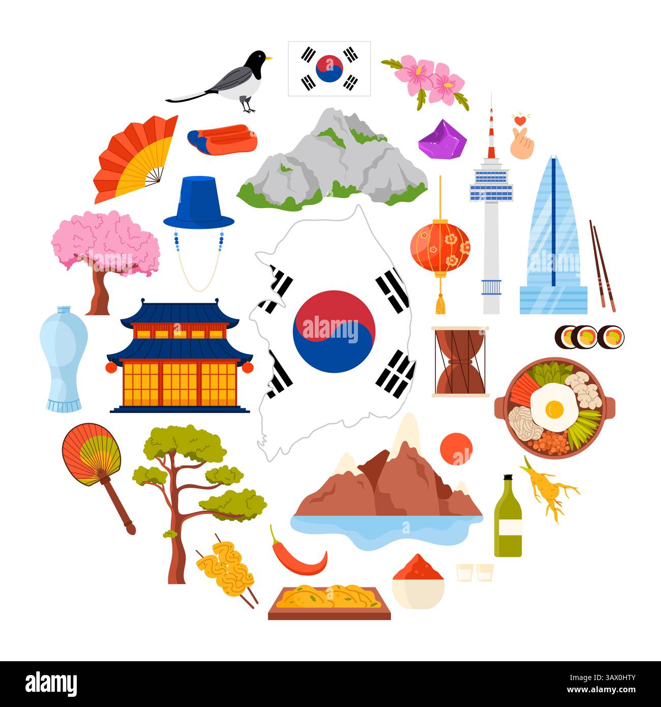South Korea culture elements and landmark, flag and map in round ...